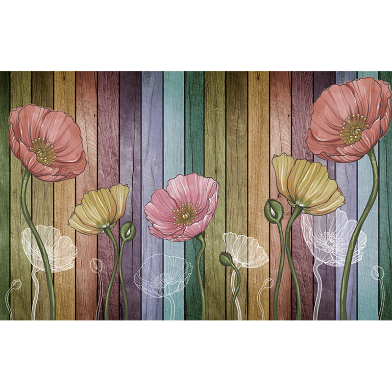 Magnolia and Wood Plank Murals Rural Moisture Resistant Bedroom Wall ...