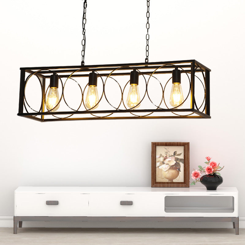 Black Rectangle Suspension Light with Cage Shade Retro Industrial Metal ...