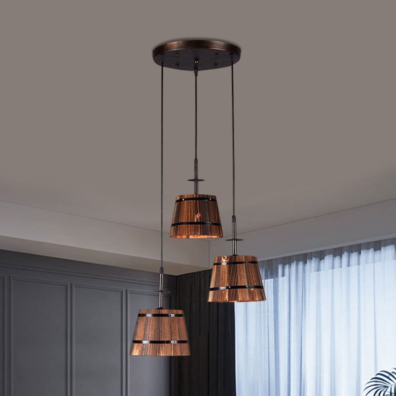 3-Bulb Bucket Pendant Light Rustic Stylish Wooden Hanging Lamp in Brown ...