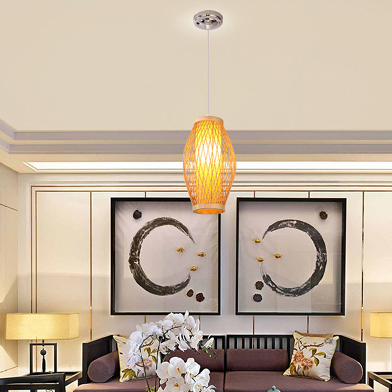 Beige Cross Woven Pendant Hanging Light with Oval Shade Modern 1 Head ...