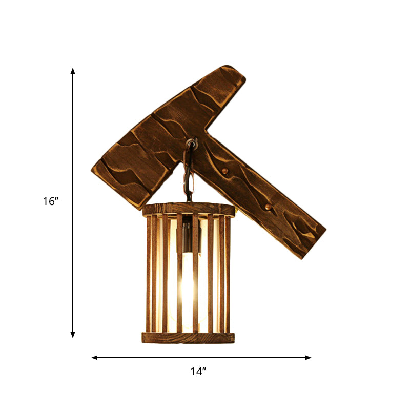 Cylinder Cage Sconce Light Wood Lodge Industrial 1 Light Wall Lighting ...