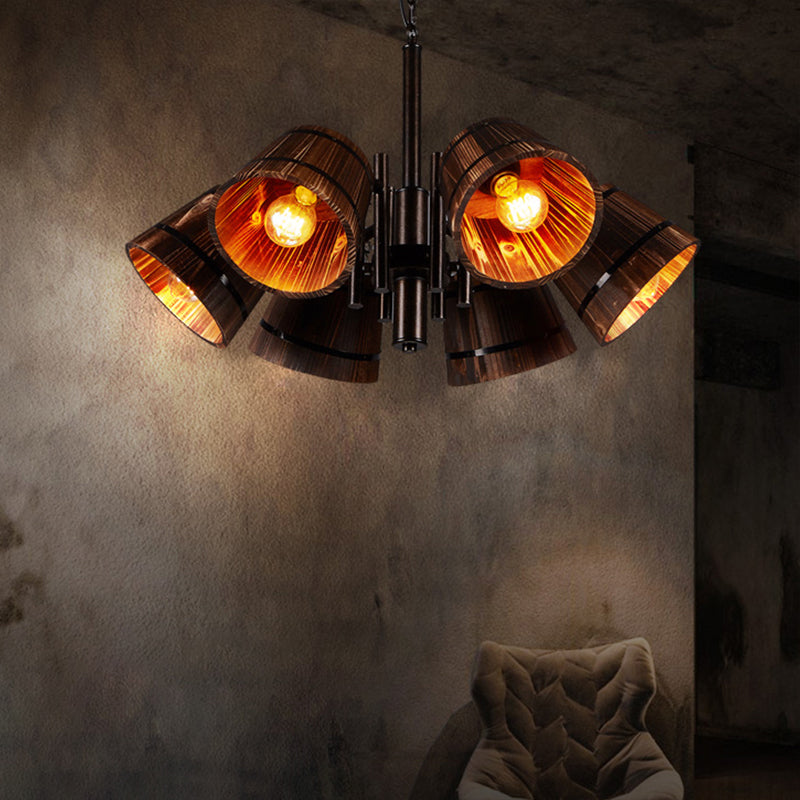 6 Heads Bucket Pendant Chandelier Wood Rustic Lodge Ceiling Hanging ...
