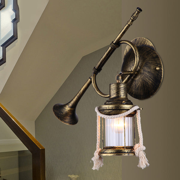 One Bulb Wall Light with Lantern Shade Clear Ribbed Glass Coastal ...