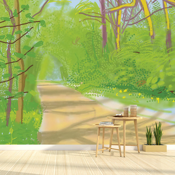 Modern Art Forest Path Murals Wallpaper in Yellow-Green Living Room ...