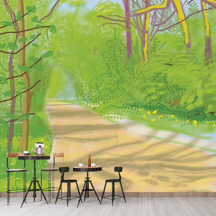 Modern Art Forest Path Murals Wallpaper in Yellow-Green Living Room ...