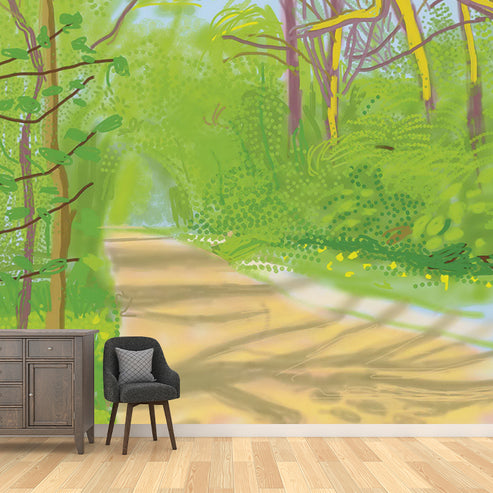 Modern Art Forest Path Murals Wallpaper in Yellow-Green Living Room ...