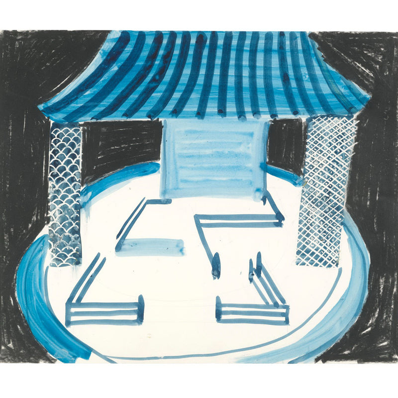 Illustration Asian Temple Mural Wallpaper for Living Room, Blue-White ...