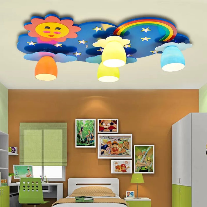 Kids Sun & Rainbow Flush Mount Light Wood Multi-Color Ceiling Lamp for ...