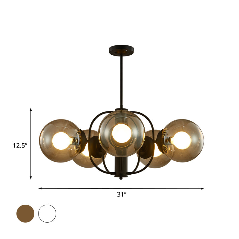 Clear/Light-Tan Glass Sphere Chandelier Retro 5 Heads Living Room ...