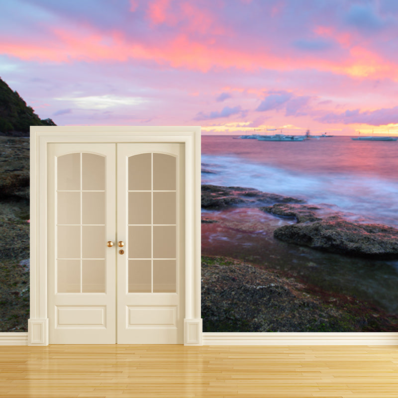 Sunset Boat Rock Shore Mural Tropical Non-Woven Fabric Wall Covering in ...