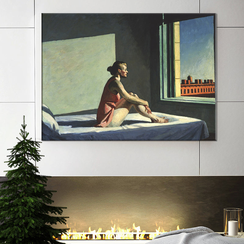 Red Edward Hopper Painting Woman on Bed Looking Out to Window Modern ...