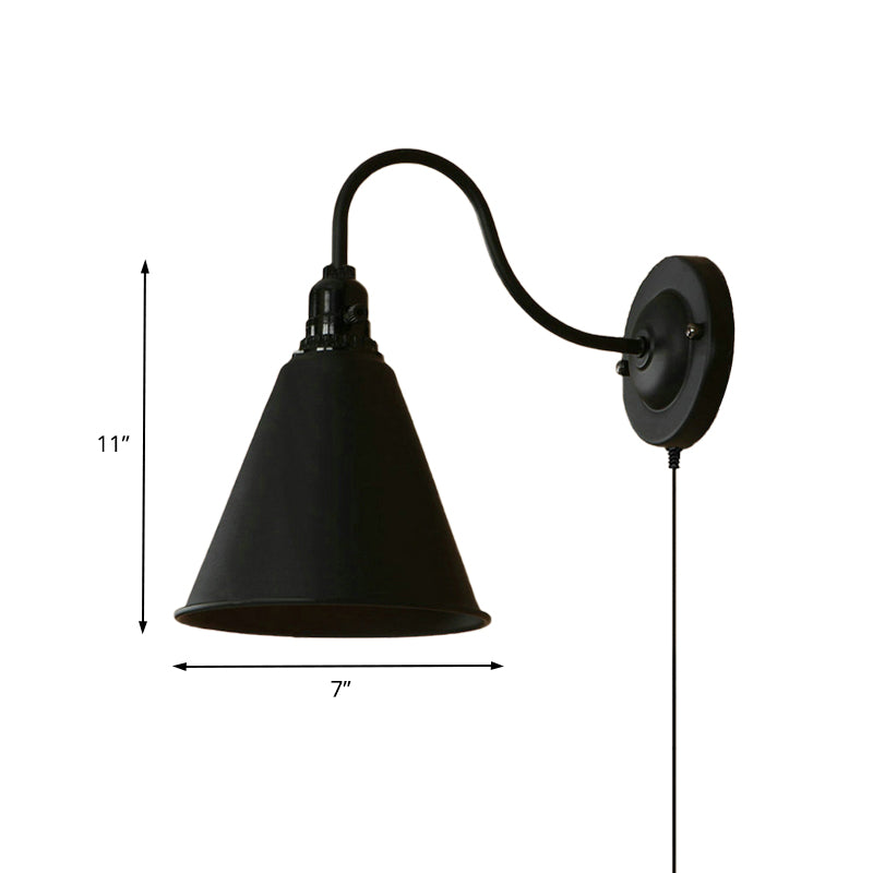 1 Light Tapered Wall Sconce with Plug-In Cord Industrial Black Metallic ...