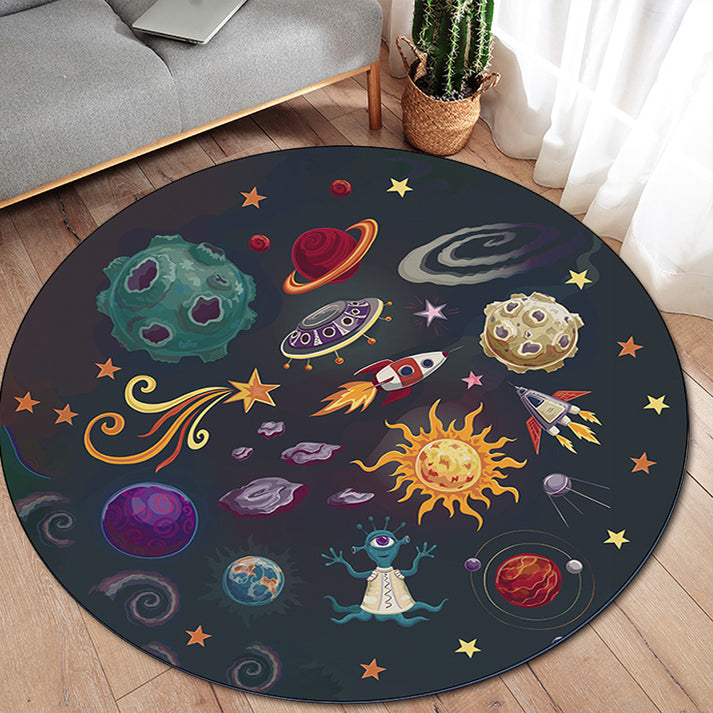 Kids Bedroom Rug in Black Outer Space Alien Planet Rocket Print Rug ...