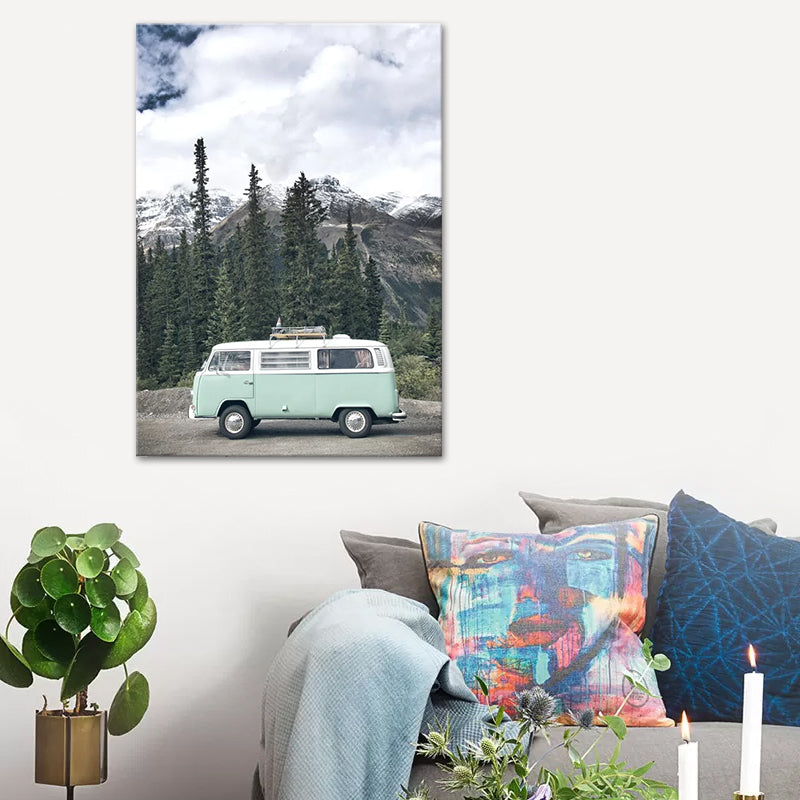 Modernist Travel Bus Wall Art Decor Green Textured Wrapped Canvas for ...