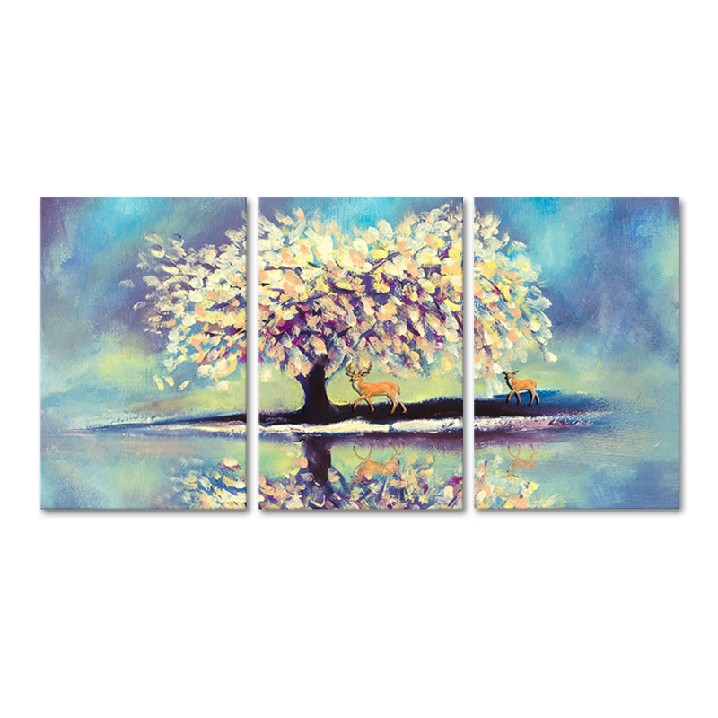 Blue Lake Reflection Canvas Art Deer and Tree Painting Kids Multi-Piece ...