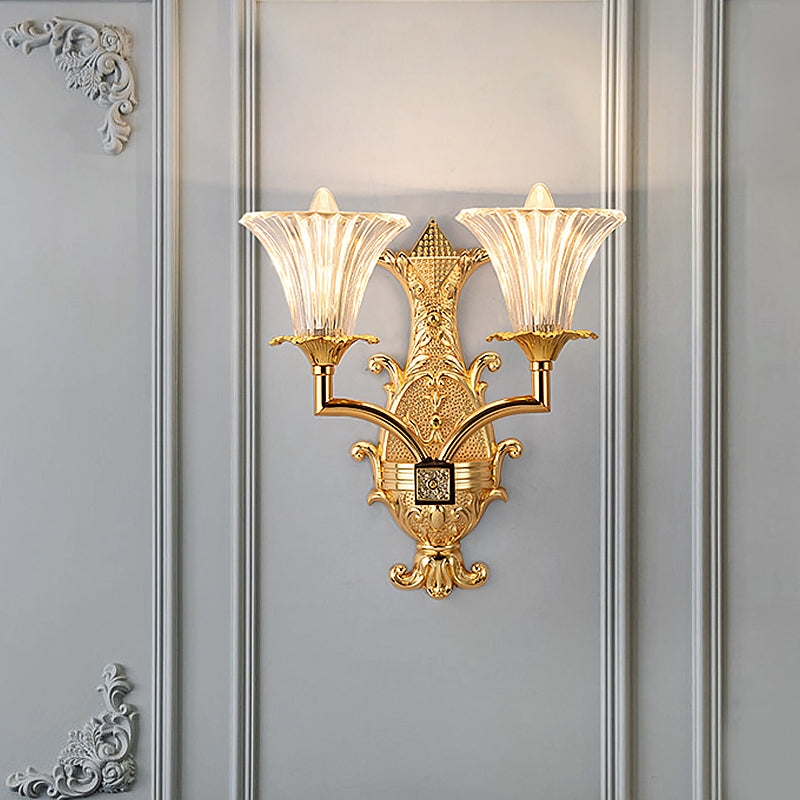 Clear Fluted Glass Gold Wall Lamp Tapered 2-Light Rustic Style Wall ...