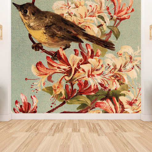 Brown Contemporary Mural Wallpaper Big Bird and Flower Branch Wall Art ...