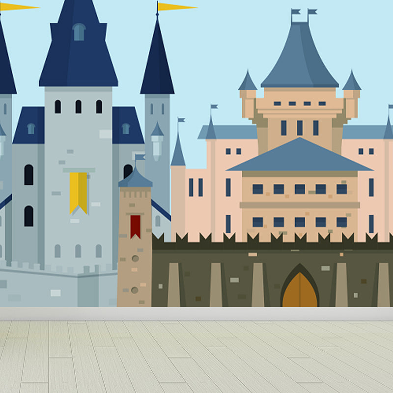 Blue Castle Mural Wallpaper Building Cartoon Waterproofing Wall Art for ...