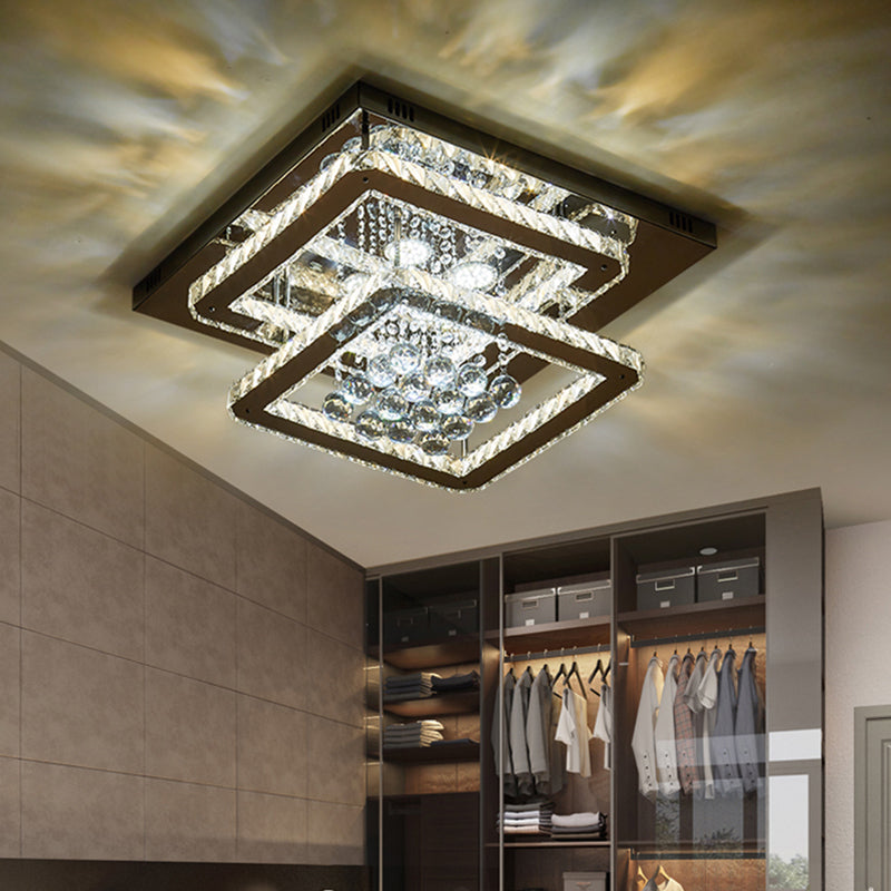 2-Tier Square Bedroom Ceiling Lamp Crystal Block LED Contemporary Semi ...