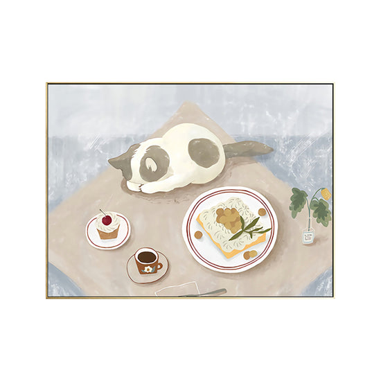 Pastel Color Cartoon Cat Painting Textured Contemporary Style Dining ...