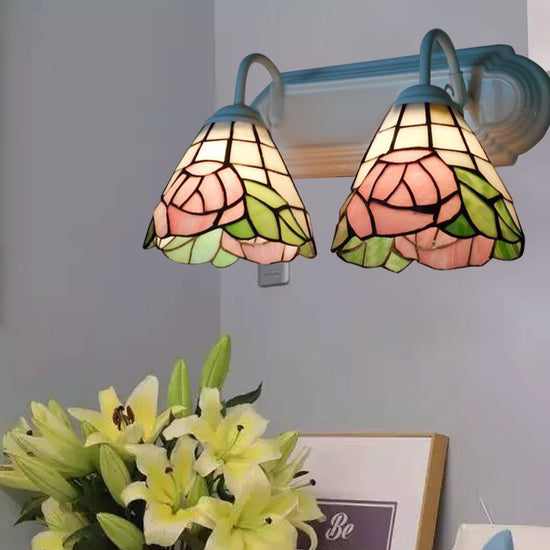 Pink Rose Wall Mount Light Victorian 2 Heads Multicolor Stained Glass ...