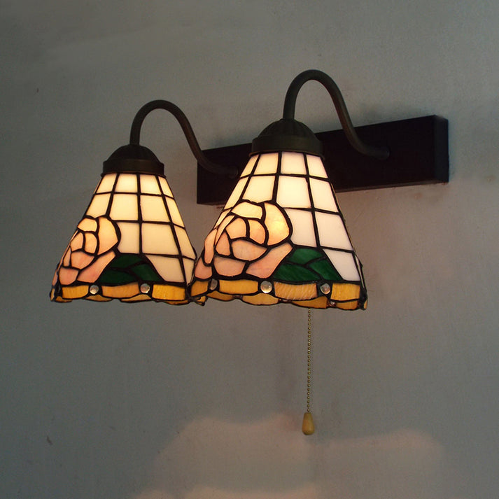Rose Wall Mounted Light Victorian Stained Glass 2 Heads Pink Sconce ...