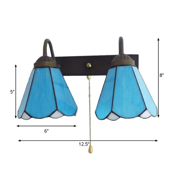 Blue Glass Cone Wall Mounted Light Mediterranean 2 Heads Black Sconce ...