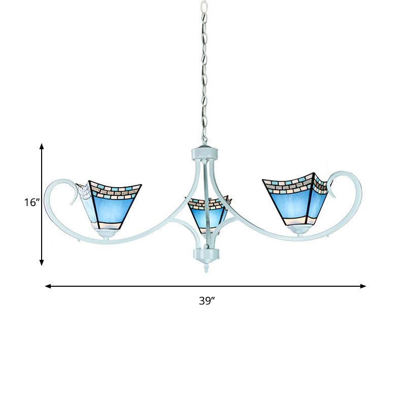 3 Lights Pyramid Hanging Light Blue Glass Nautical Suspended Light for ...