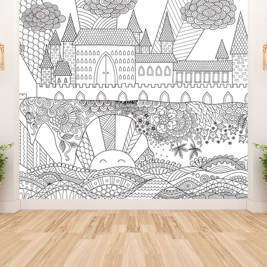Full Size Cartoon Wallpaper Mural Black and White Hand Print Landscape ...