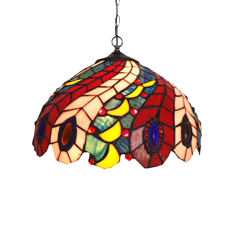 1 Bulb Peacock Ceiling Lamp Tiffany-Style Red Stained Glass Suspension ...