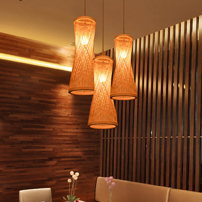 Beige Hourglass Hanging Lamp Kit Rustic 3 Heads Bamboo Batten Multiple ...