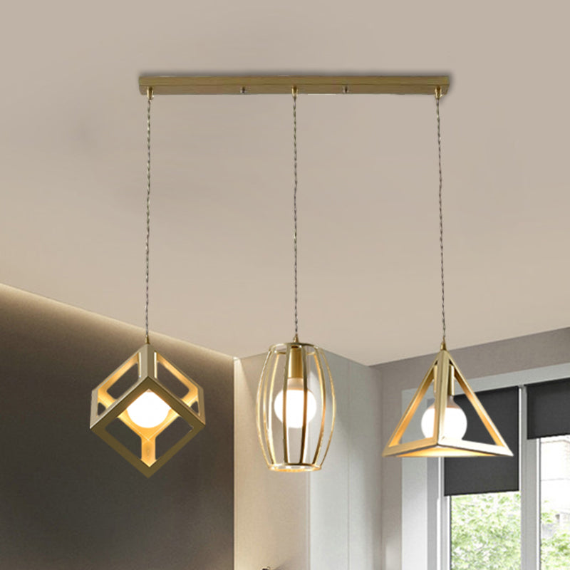 Metal Golden Hanging Lamp Wire Frame 3 Lights Farmhouse Suspended Light ...