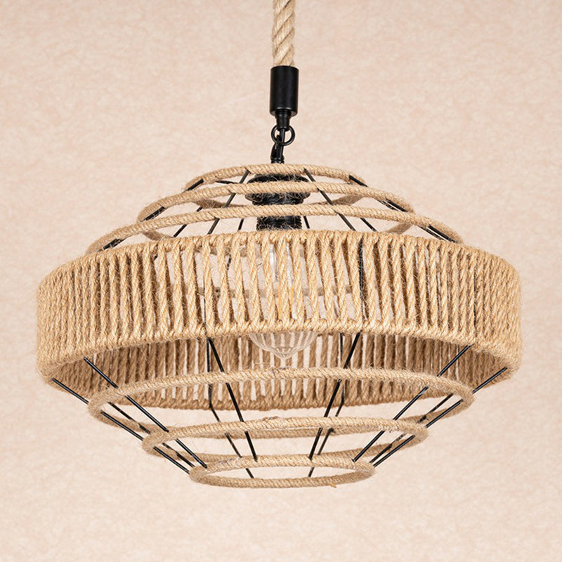 Farmhouse Gyro Shaped Drop Pendant 1-Light Natural Rope Hanging Light ...