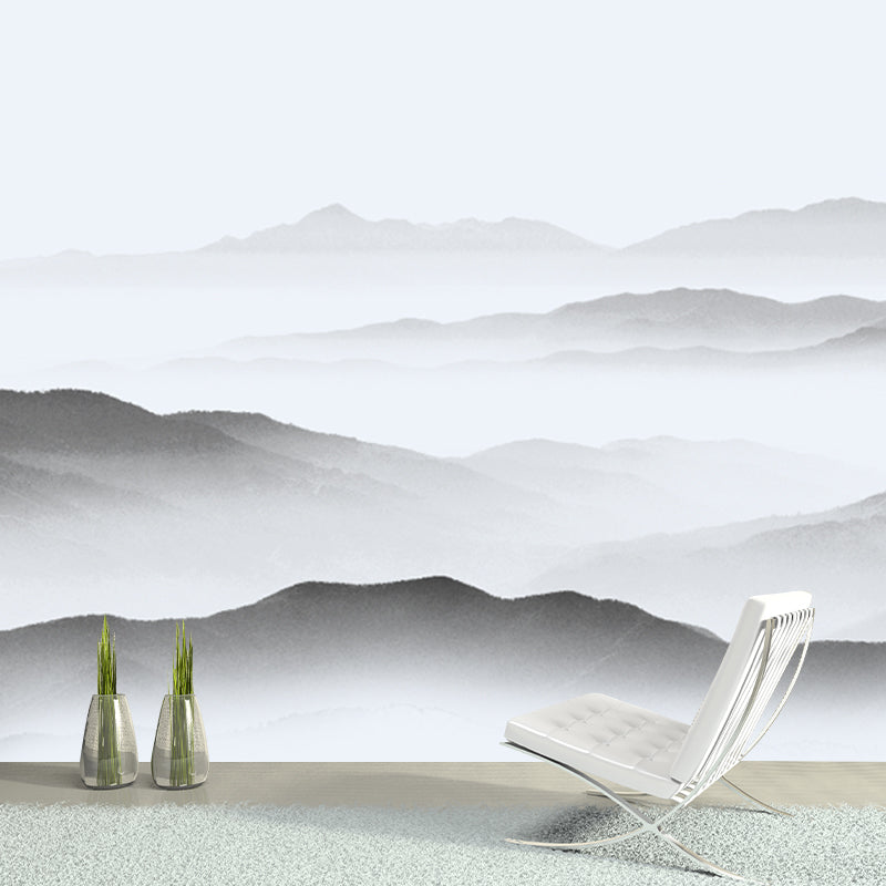 Asian Misty Mountain Mural Decal Soft Grey Living Room Wall Covering ...