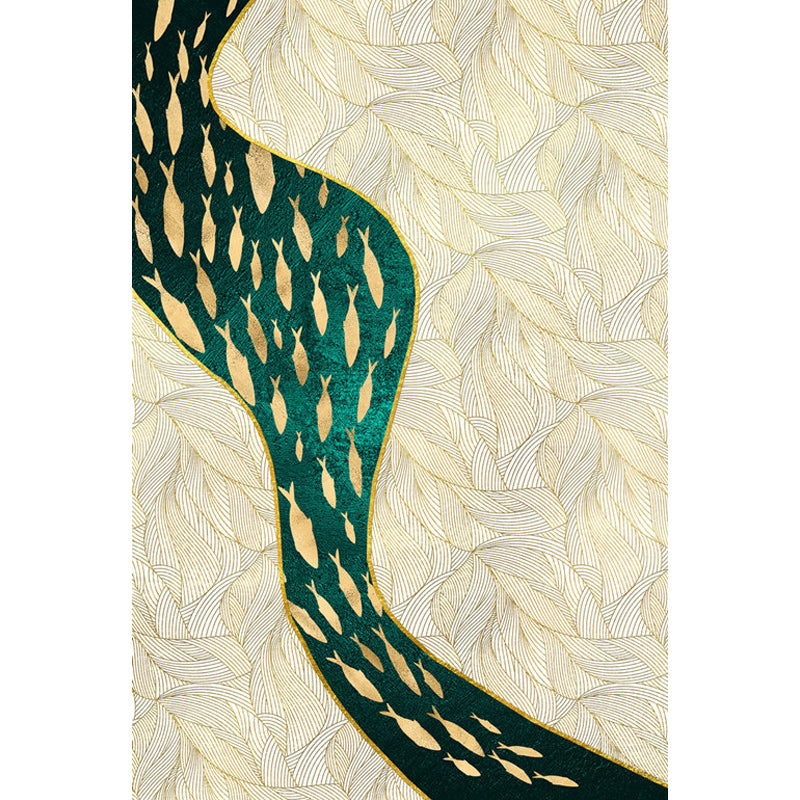 Dark Leaf Print Rug with River Cluster Fishes Polyester Asian Style ...