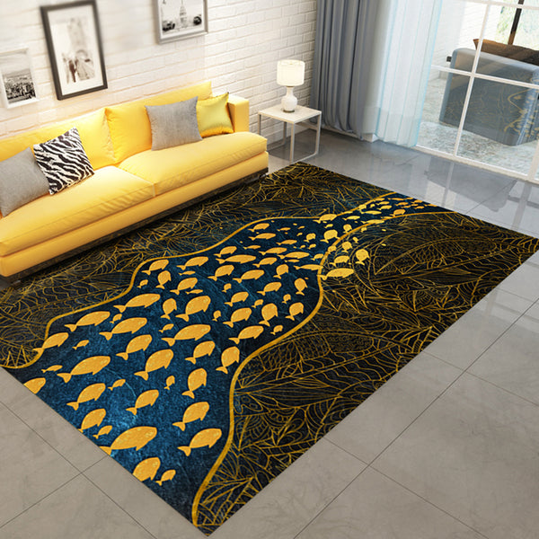 Dark Leaf Print Rug with River Cluster Fishes Polyester Asian Style ...