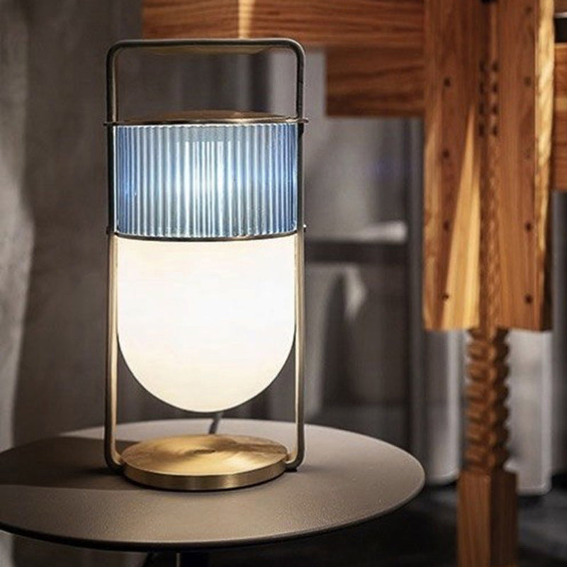 Lantern Handled Table Lamp Postmodern Frosted and Clear Ribbed Glass 1 ...