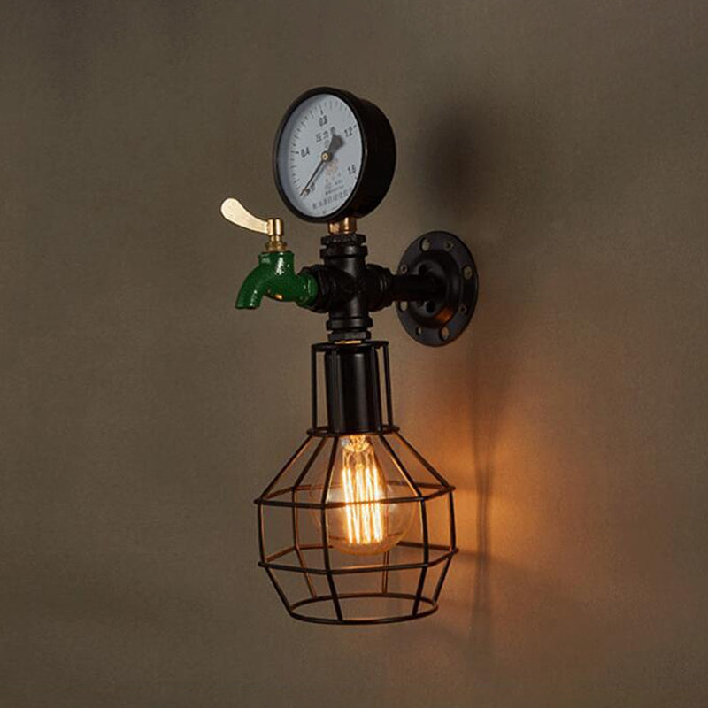 1-Light Water-Tap Wall Light Industrial Black and Green Metal Wall ...