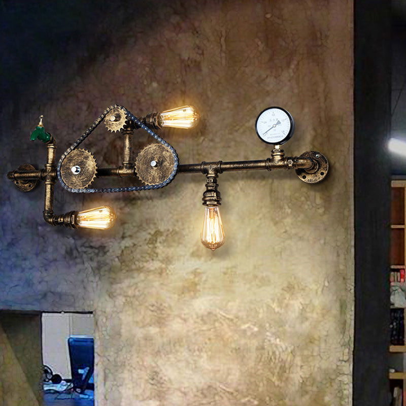 Wrought Iron Gear Water Pipe Wall Light Industrial Style 3-Bulb Living ...
