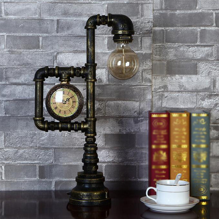 Retro Plumbing Pipe Night Light 1 Head Iron Table Lighting with Clock ...
