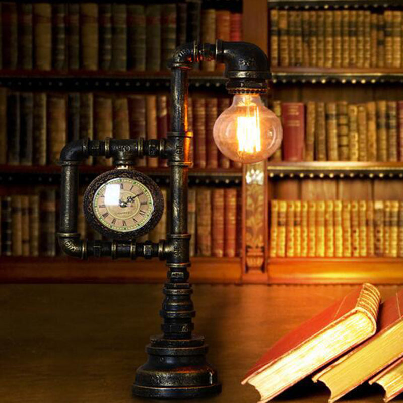 Retro Plumbing Pipe Night Light 1 Head Iron Table Lighting with Clock ...