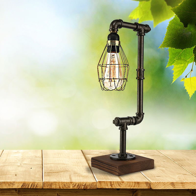 Industrial Wire Cage Table Lighting with Pipe 1 Light Metal and Wood ...