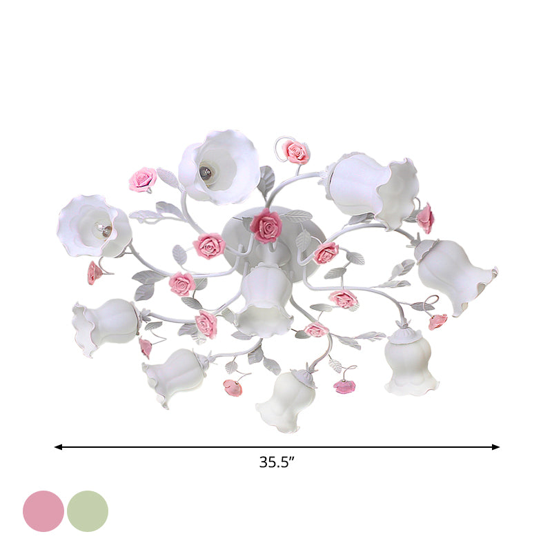 Frosted Cream Glass Ruffle Ceiling Light Countryside 9 Lights Bedroom ...