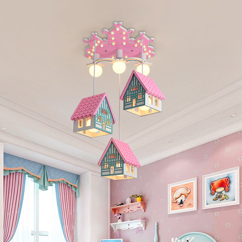 House Shaped Nursery Ceiling Lamp Wood 6 Bulbs Creative Chandelier ...