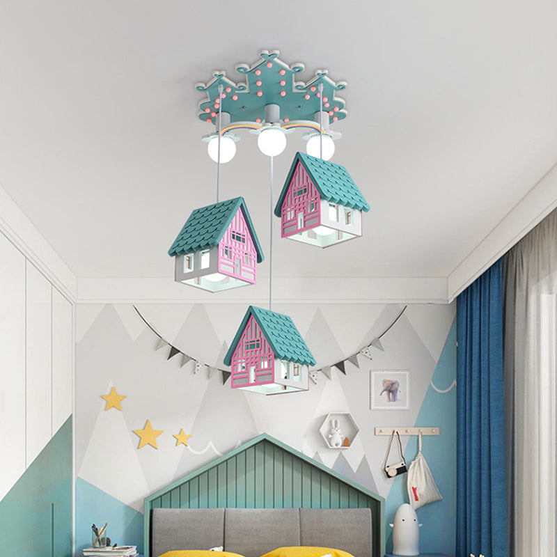 House Shaped Nursery Ceiling Lamp Wood 6 Bulbs Creative Chandelier ...