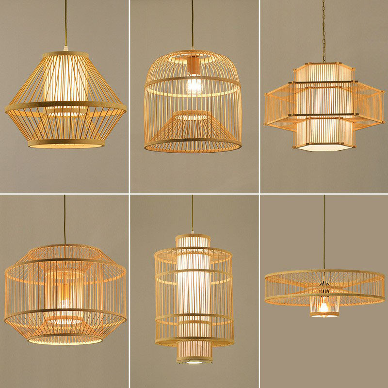 Geometric Shape Guest Room Pendant Light Bamboo Single Asian Hanging ...