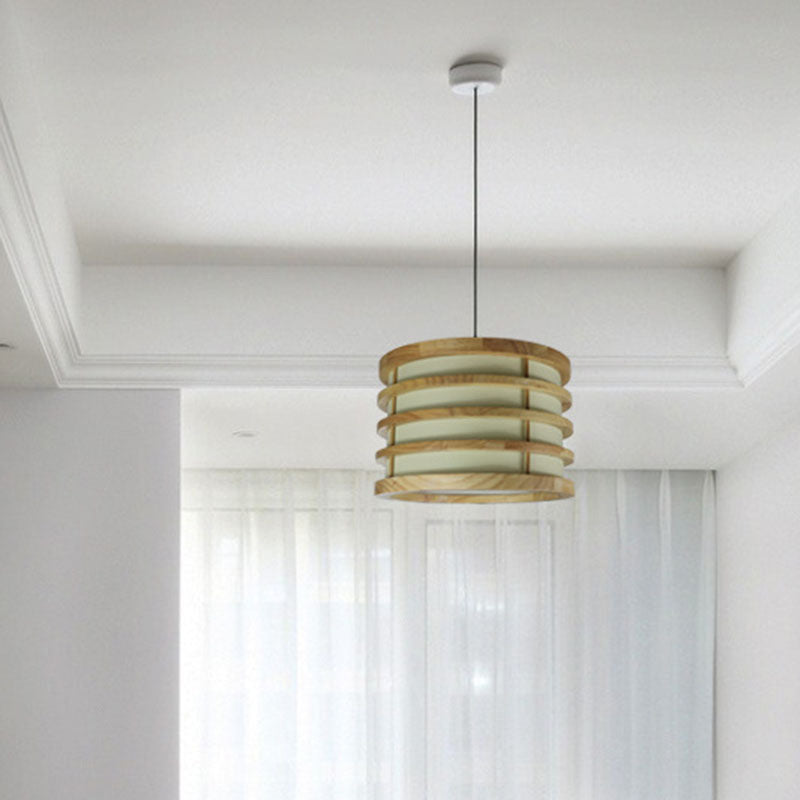 Beige Bucket Shaped Ceiling Pendant Contemporary 1-Light Wood Hanging ...