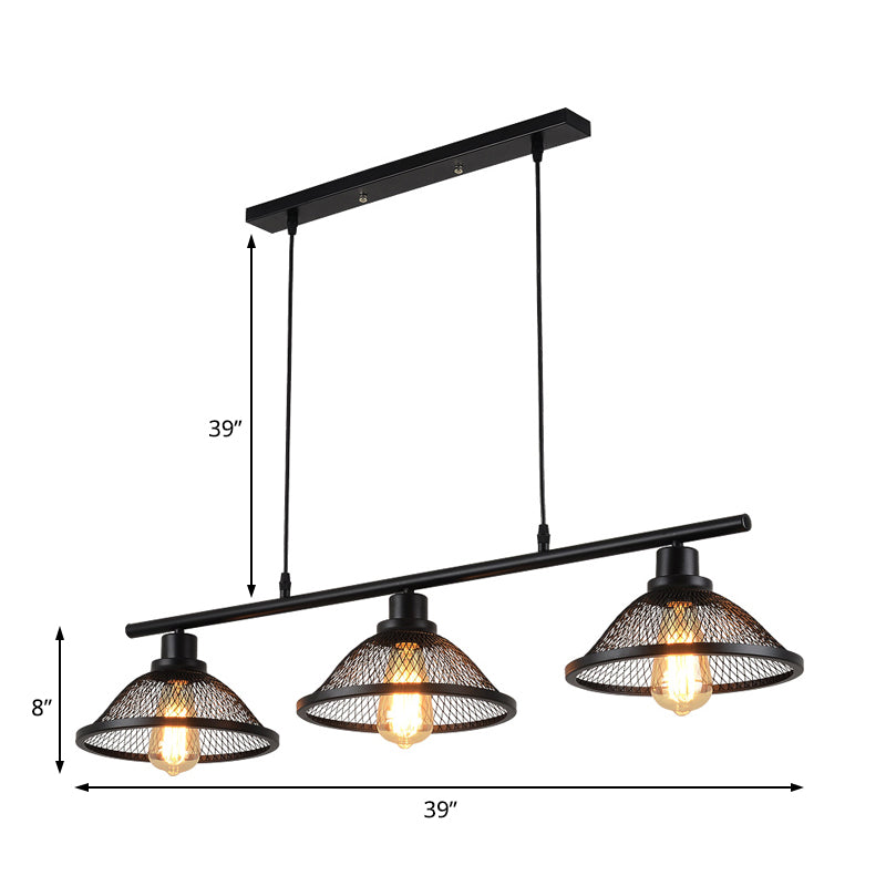 Cone Living Room Pendant Light Fixture Industrial Metal Mesh 3 Lights ...