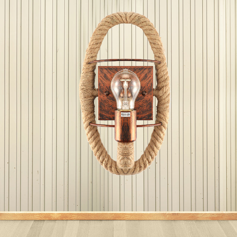 Beige One Light Sconce Light Industrial Rope Round/Oval Shade Wall ...
