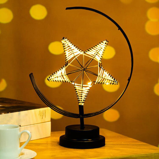 Star and Moon Metallic Battery Table Lighting Art Decor Black LED ...
